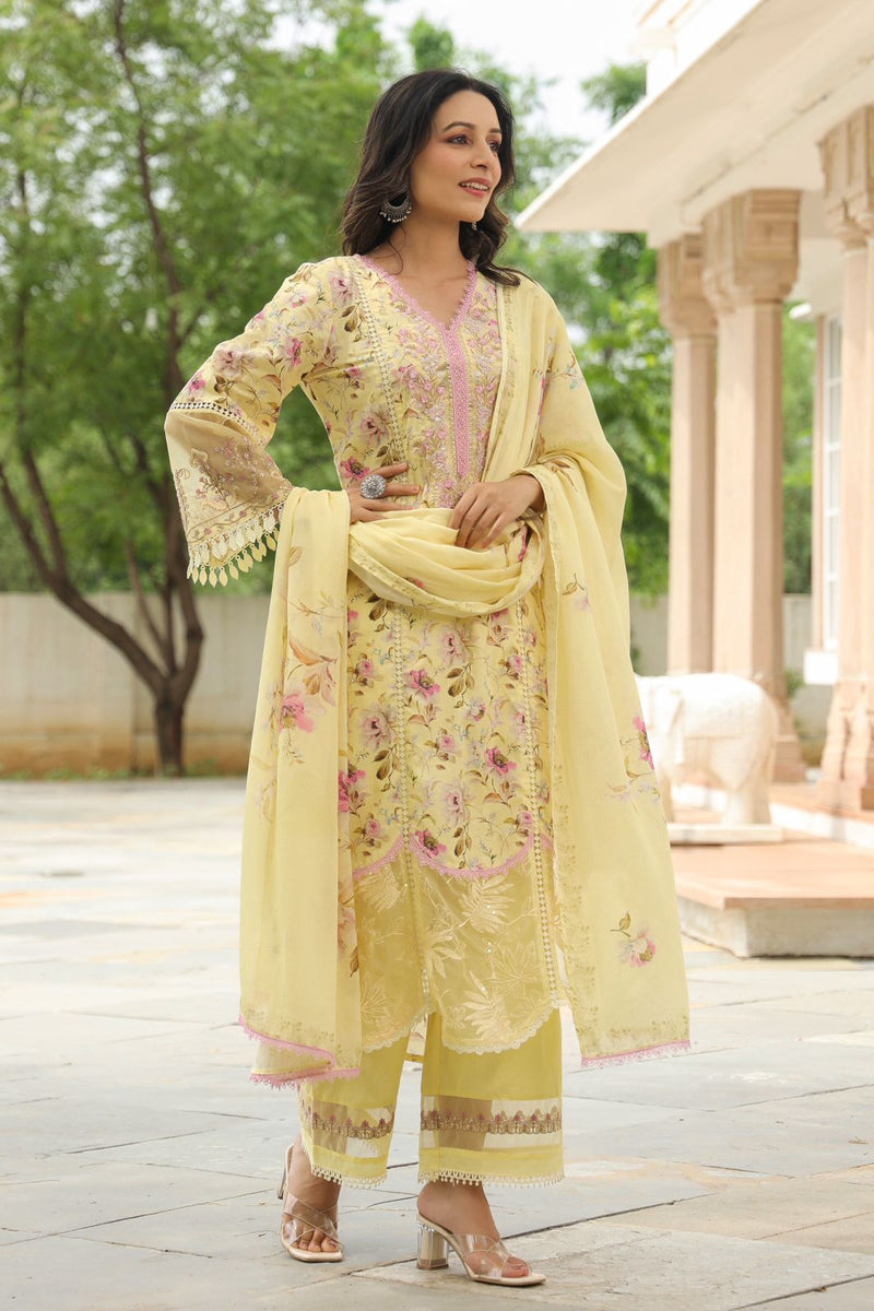 Buy Arambh Roshi Lemon Cotton Kurta Set with Dupatta – Embroidered ...