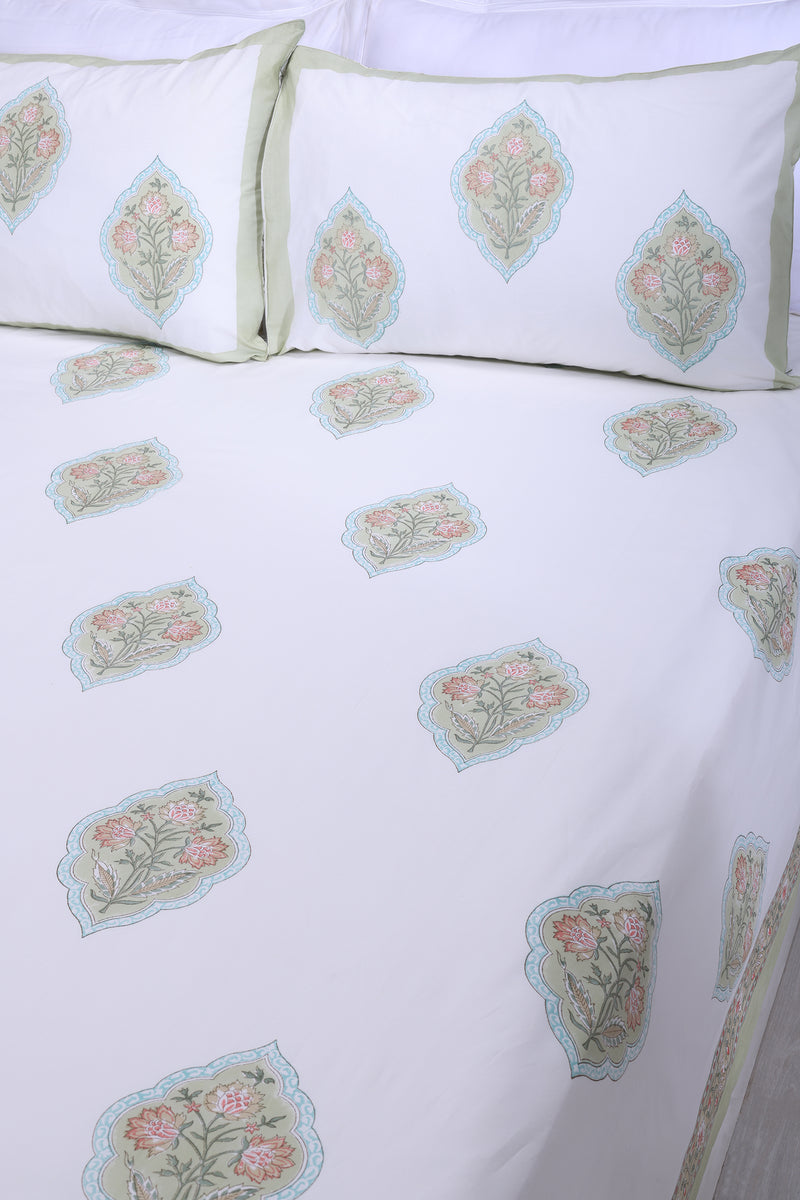 Buy Bagh E Nargis Olive Cotton Percale Bedsheet Online | Shahenaz India