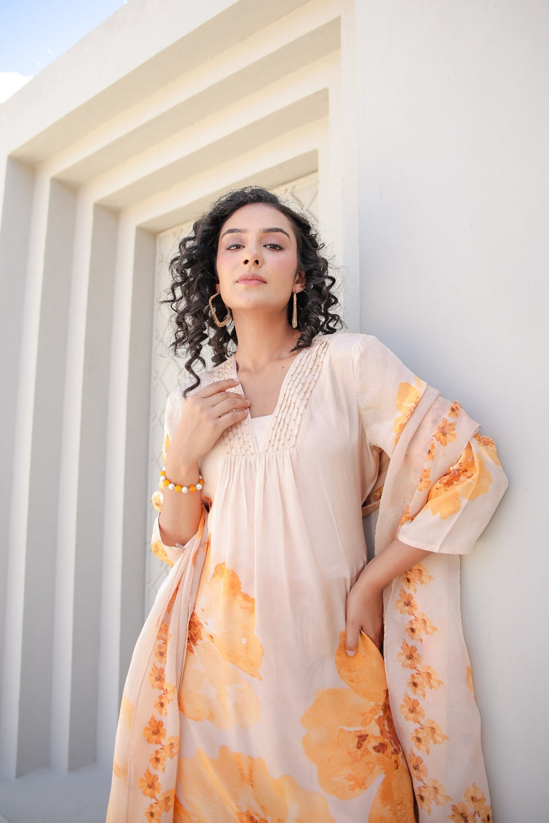 Buy Fazlin Iris Beige Kurta Set With Dupatta - Chic Beige Kurta Set for ...