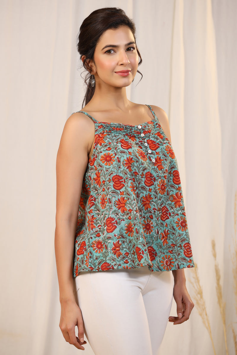 Buy Lila Sunshine Green Spagetti Hand Block Printed Short Top Online ...