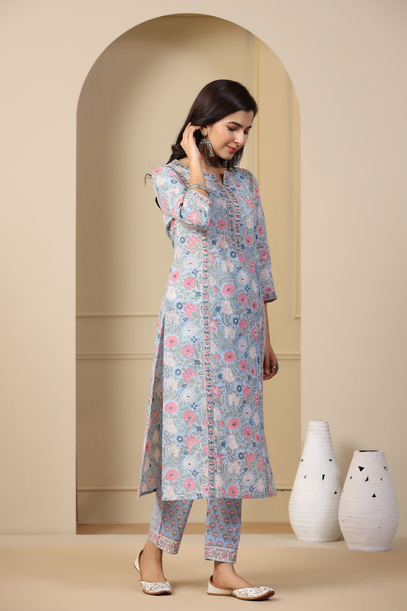 Buy Maheen Gul Bano Round Neck Sky Blue Block Printed Cotton Kurti ...
