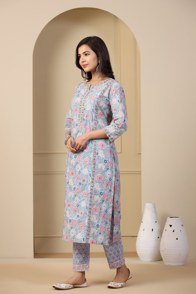 Buy Maheen Gul Bano Round Neck Sky Blue Block Printed Cotton Kurti ...