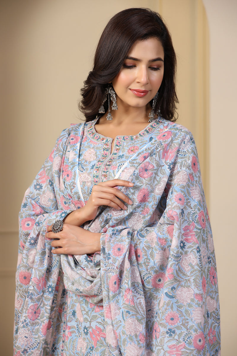 Buy Maheen Gul Bano Sky Blue Block Printed Mul Mul Dupatta_Shahenaz ...