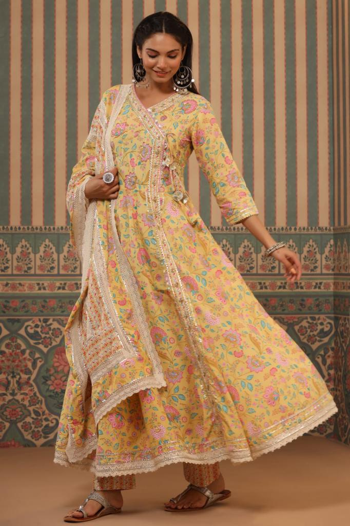 Buy Nayab Mishti Yellow Floral Angrakha Kurta Set With Dupatta-Shahenaz ...