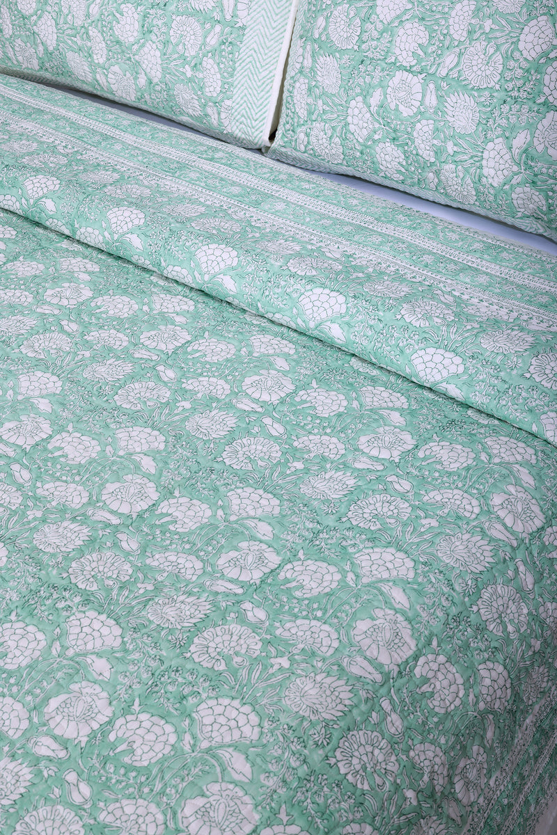 Buy Buy our Poonam Bagh Block Printed Cotton Quilted Turquoise Bedcover ...
