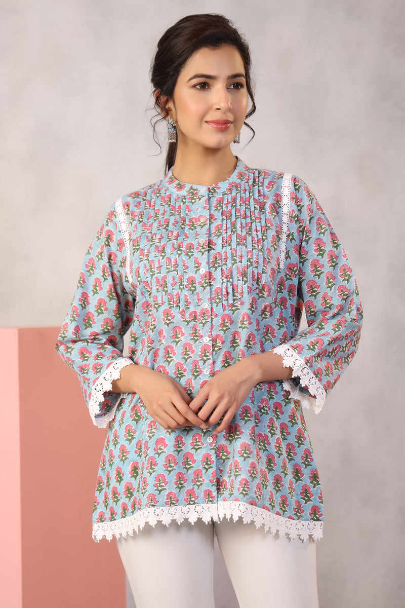 Razia Kaushika Sky Blue Pintuck Hand Block Print Top_Shahenaz ...
