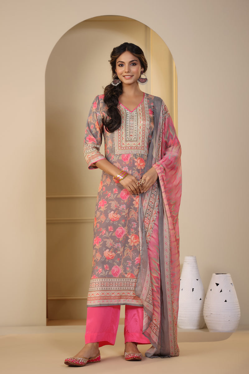 Buy Nayab Ira Viscose Crepe Silk Kurta Set with Dupatta_Grey_Shahenaz ...