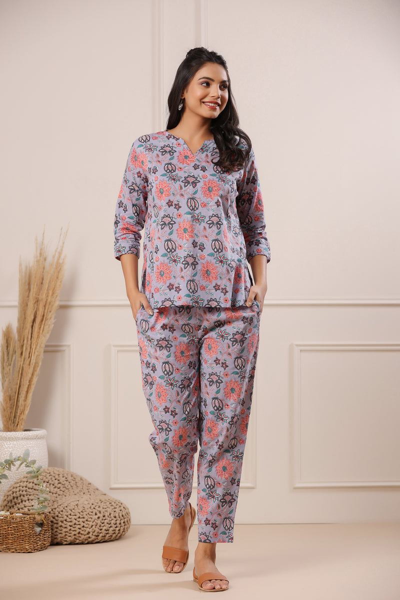 Buy Nidra Bloomingdale Purple Cotton Pyjama Night Suit Set_Night Suit ...